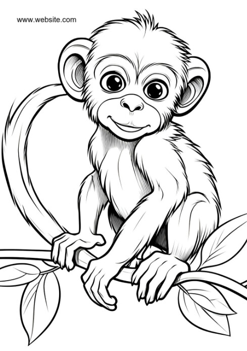 White Joyful Monkey Coloring Page A4 Template | PosterMyWall