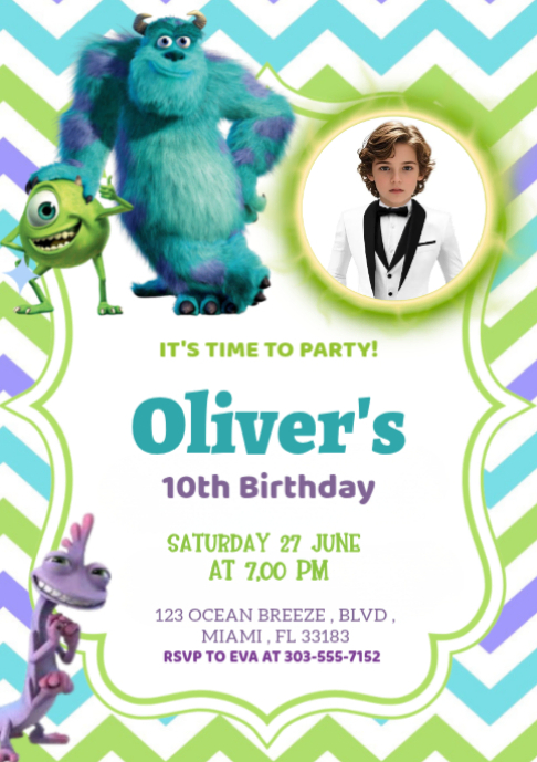White Joyful Monster-inc-birthday-invitation- A2 Template | PosterMyWall