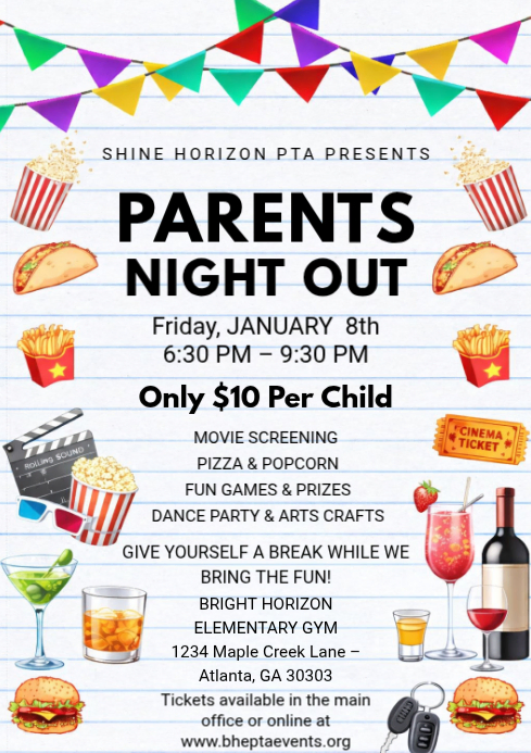 Plantilla de White Joyful Parents Night Out A4 | PosterMyWall