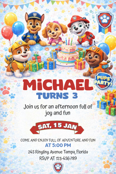 Copy of White Joyful Paw Patrol Birthday Party Poster | PosterMyWall