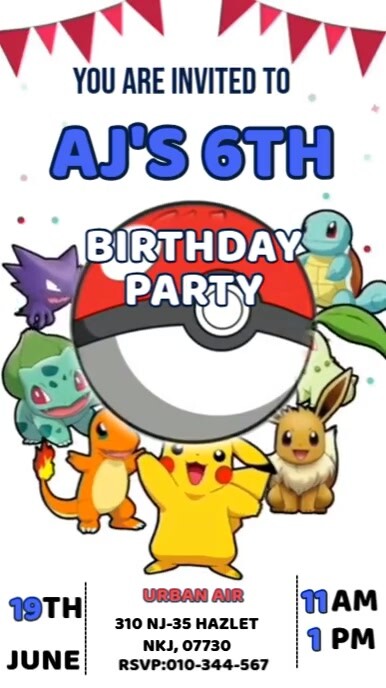 White Joyful Pokemon Birthday Invitation Digital Display (9:16 ...