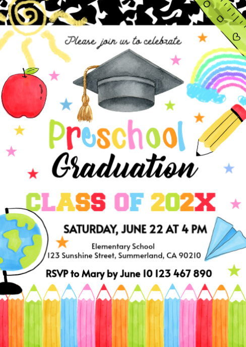 White Joyful Preschool Graduation A6 Template | PosterMyWall
