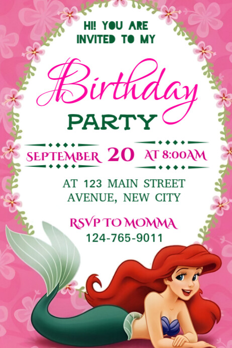 White Joyful Princess Ariel Birthday Invitation Poster Template ...