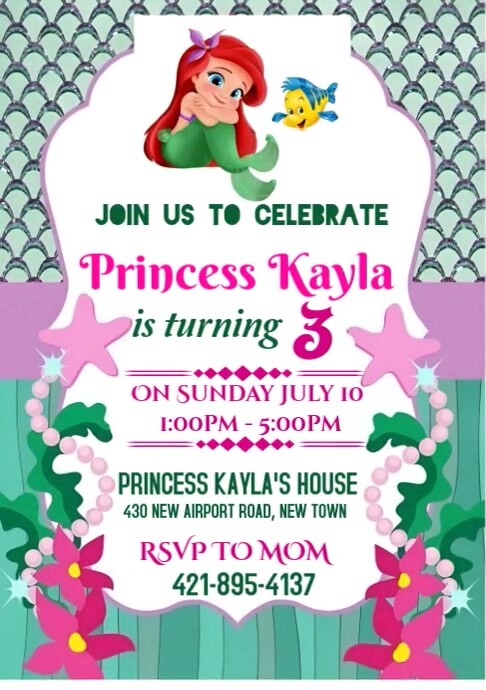 Copy of White Joyful Princess Ariel Birthday Party Invitation Flyer A4 ...
