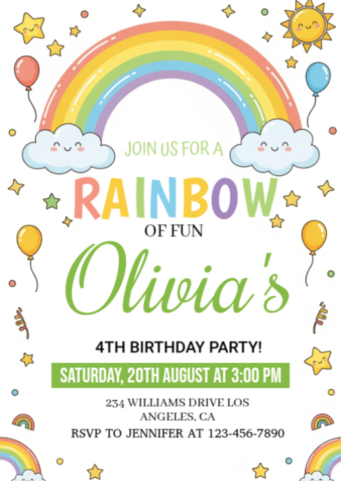 White Joyful Rainbow Birthday Party Invitation A6 Template | PosterMyWall