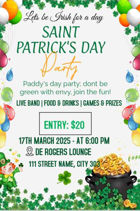 White Joyful Saint Patrick Day Party Celebration Poster Template | PosterMyWall