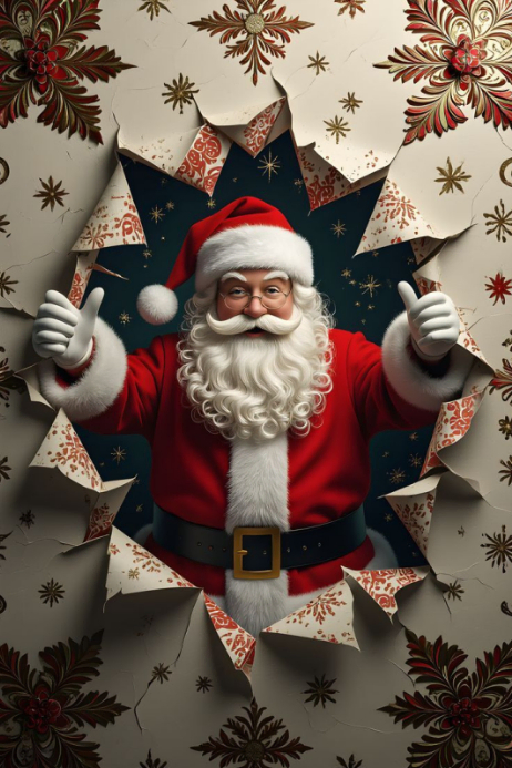 Plantilla de White Joyful Santa Claus Breaking Through Paper Poster ...