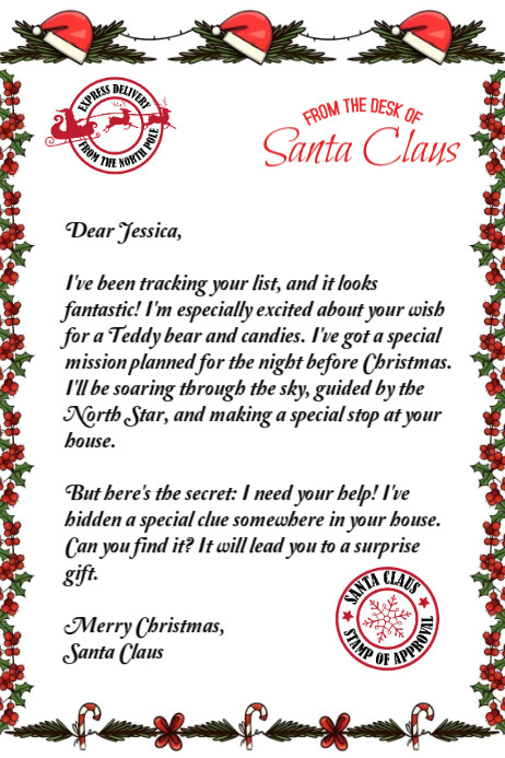 White Joyful Santa Claus Letter Poster Template | PosterMyWall