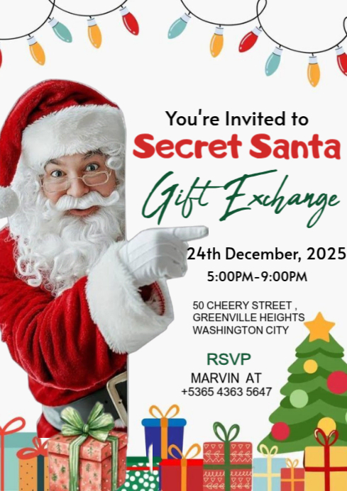 White Joyful Secret Santa Gift Exchange Invitation A4 Template ...