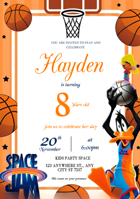 Plantilla de White Joyful Space Jam Birthday A4 | PosterMyWall