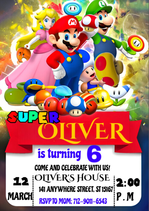 White Joyful Super Mario Birthday Party Invitation Flyer A4 templaat ...