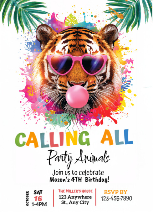 White Joyful Tiger Birthday Party Invitation A3 Template | PosterMyWall
