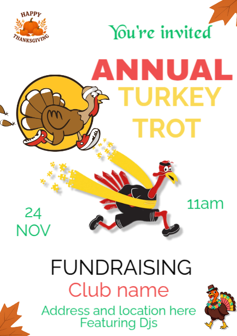 White Joyful Turkey Trot Events A4 Template | PosterMyWall