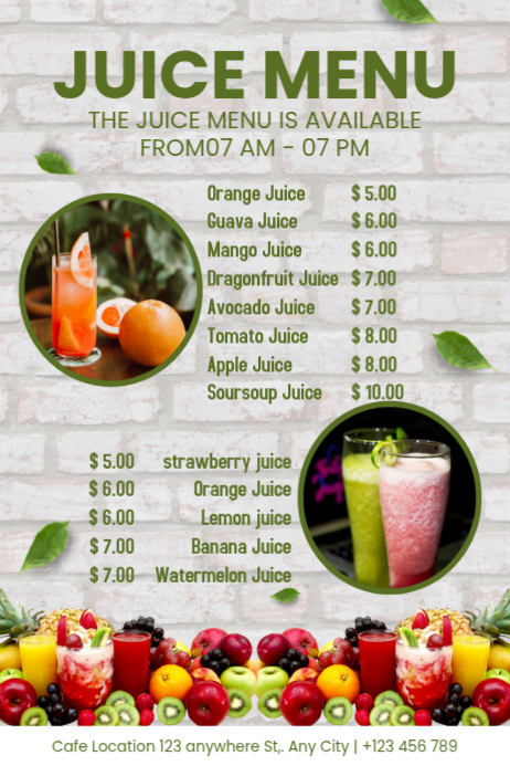 White Juice Menu Poster Template | PosterMyWall