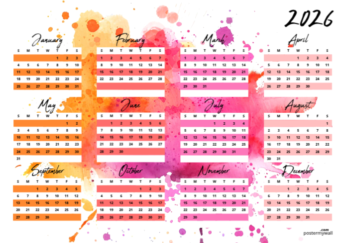 Plantilla de White List-based 2026 Watercolor Calendar A3 | PosterMyWall