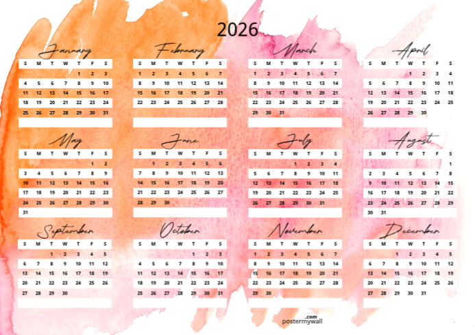 White List-based 2026 Watercolor Calendar A3 Template | PosterMyWall