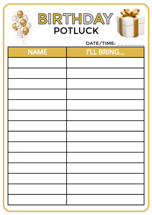 Copy of White List-based Birthday Potluck Sign Up Sheet A4 | PosterMyWall