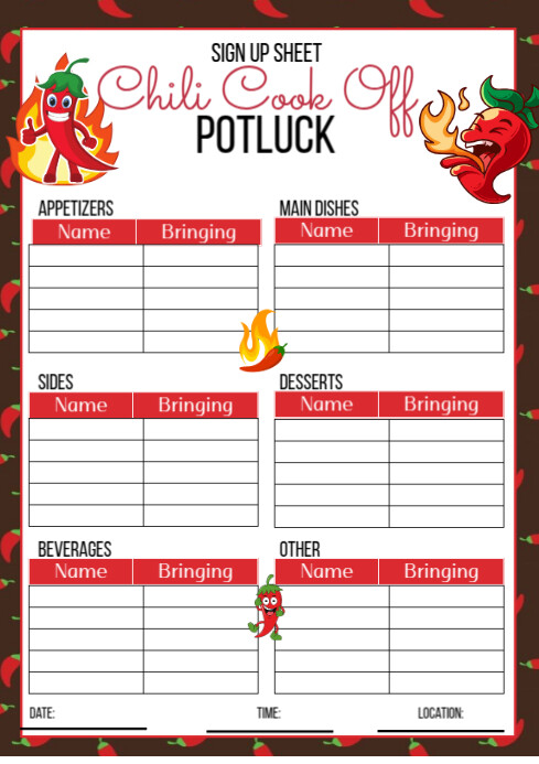 Copy of White List-based Chili Cook Of Potluck Signup Sheet A4 ...