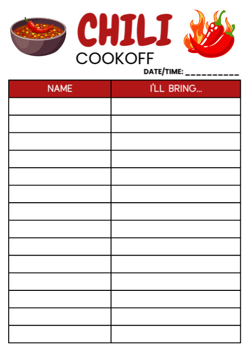 White List-based Chili Cook Off Sign Up Sheet A4 Template | PosterMyWall