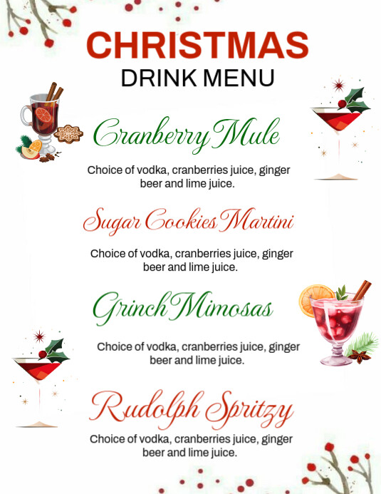 White List-based Christmas Drink Menu Template Design Flyer (us Letter ...