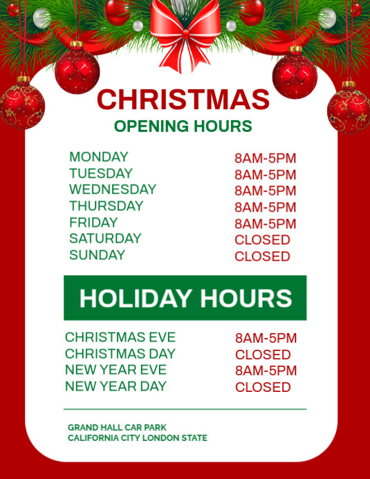Copy of White List-based Christmas Holiday Opening Hours Template Flyer ...