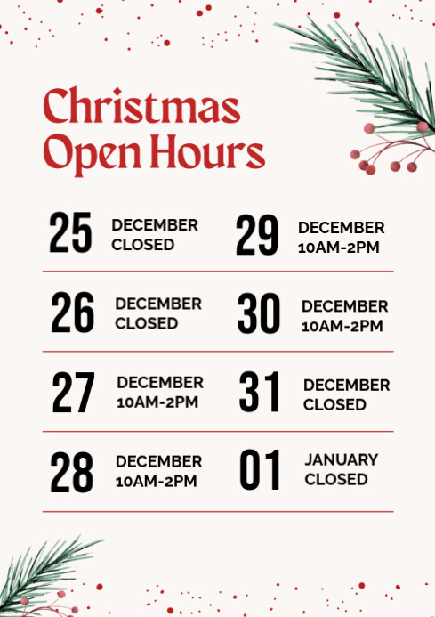 White List-based Christmas Opening Hours A4 Template | PosterMyWall