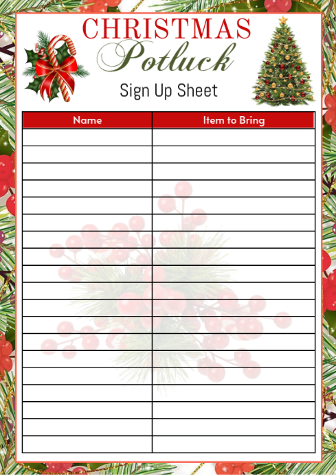 White List-based Christmas Potluck Sign Up Sheet A4 Template | PosterMyWall