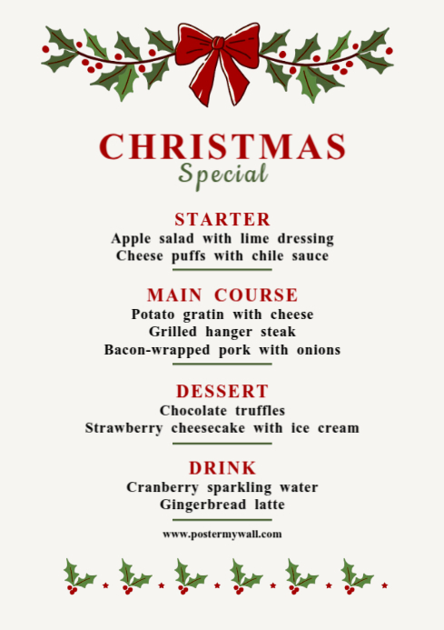 White List-based Christmas Special Food Menu A4 Template | PosterMyWall