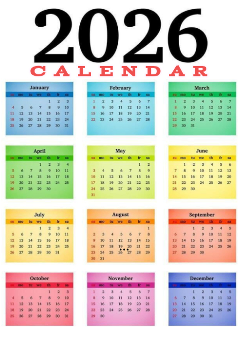 White List-based Colorful Calendar 2026 A4 Template | PosterMyWall