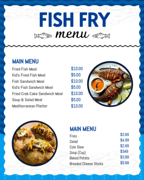 White List-based Customizable Fish Fry Menu Template - Seafood Event ...