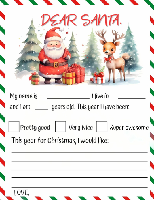 White List-based Dear Santa Letter Template For Kids – Cute Christmas ...