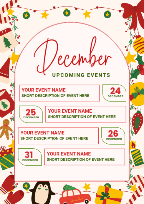 White List-based December Upcoming Events Calendar A4 Template ...