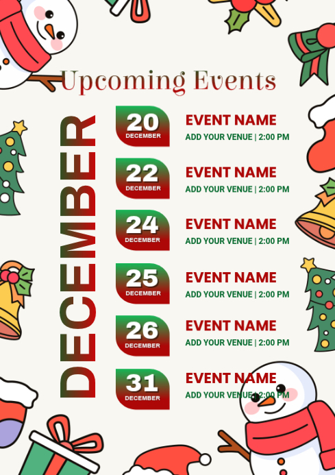 White List-based December Upcoming Events Calendar A4 Template ...