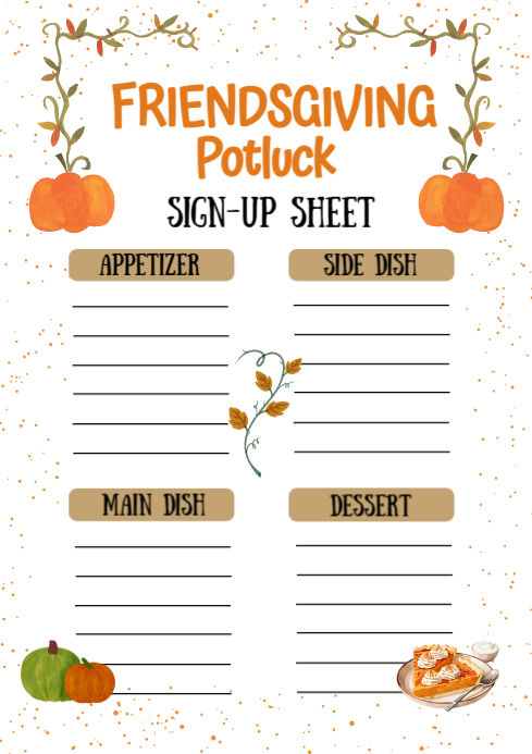 White List-based Friendsgiving Potluck Sign Up Sheet A4 Template ...