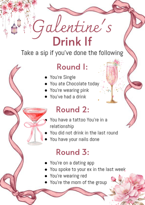White List-based Galentine’s Day Drinking Game Printable A4 Template ...