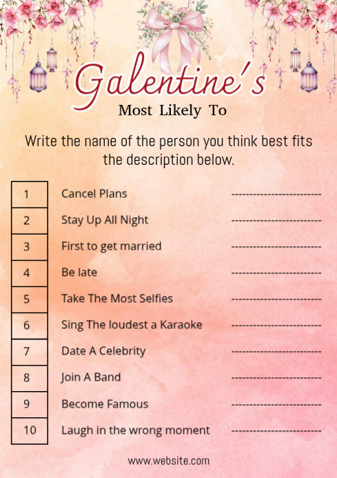 White List-based Galentine’s Day Party Games Printable A4 Template ...