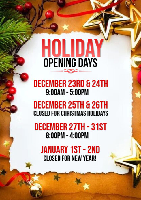 White List-based Holiday Opening Days A4 Template | PosterMyWall