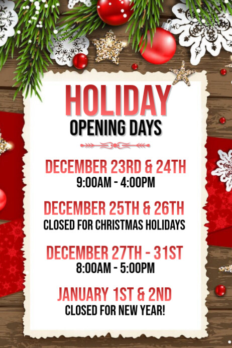 White List-based Holiday Opening Days Poster Template | PosterMyWall