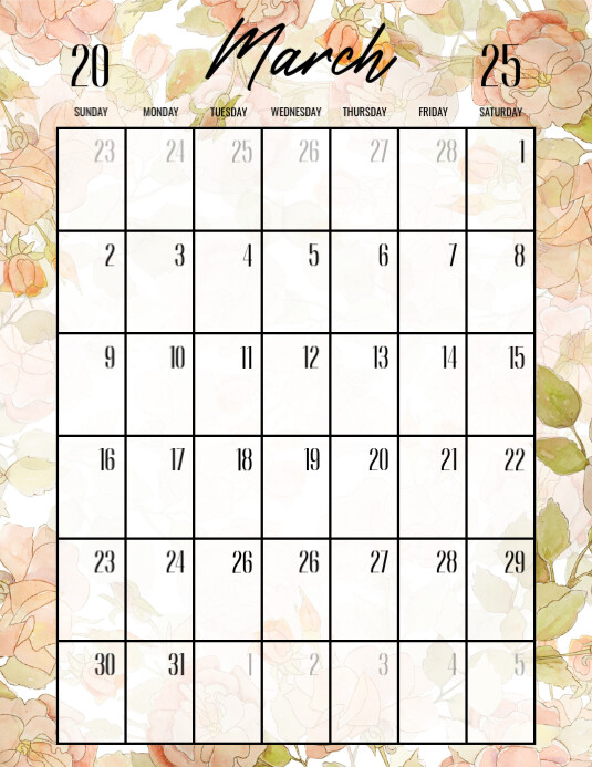 Copy of White List-based March 2025 Calendar Spring Flyer Flowers ...