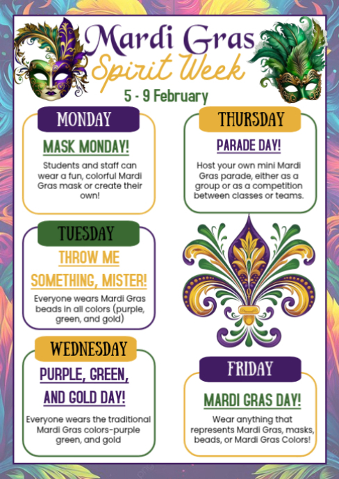 White List-based Mardi Gras School Spirit Week A6 Template | PosterMyWall