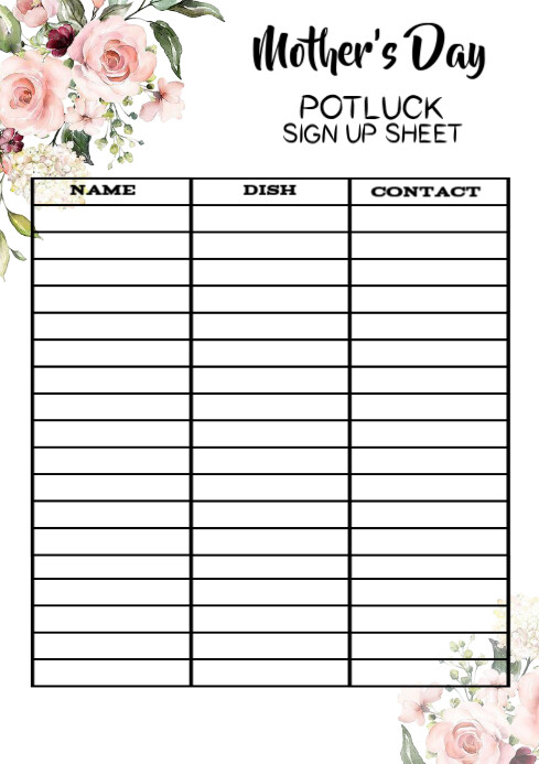 White List-based Mother's Day Potluck Sign Up Sheet A4 Template ...