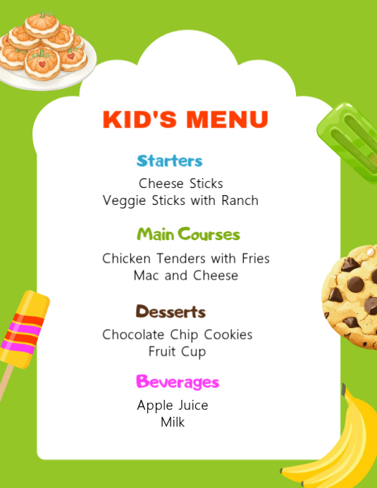 White List-based Multicolored Kids Food Menu Template Flyer (us Letter ...