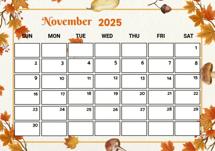 White List-based November Upcoming Events Calendar A4 Template ...
