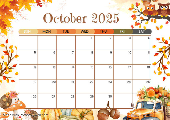 White List-based October 2025 Calendar A4 Template | PosterMyWall