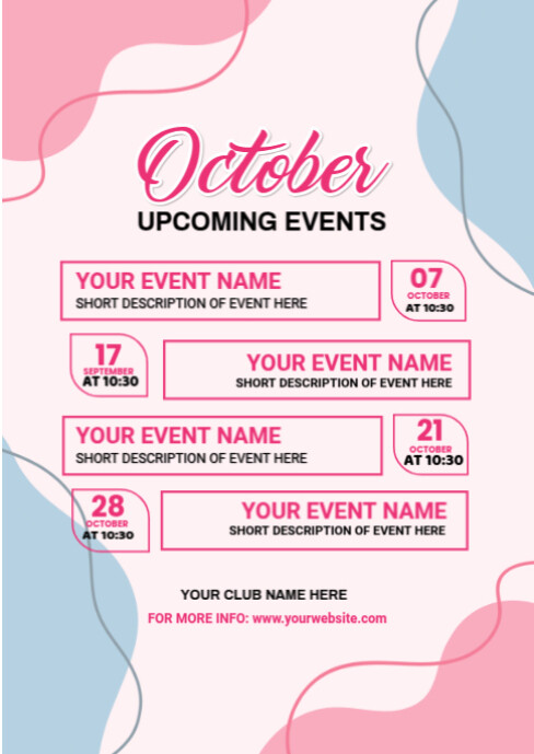 White List-based October Upcoming Events Calendar A6 Template ...