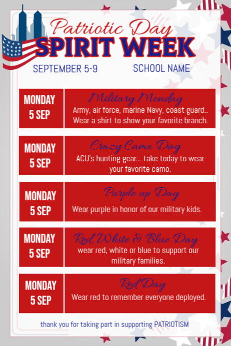 Copy of White List-based Patriotic Day Spirit Week Poster | PosterMyWall