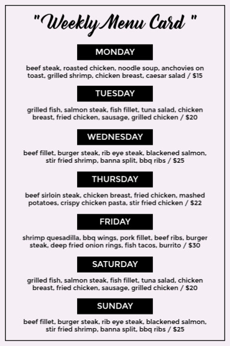 White List-based Restaurant Weekly Food Menu Poster Template | PosterMyWall