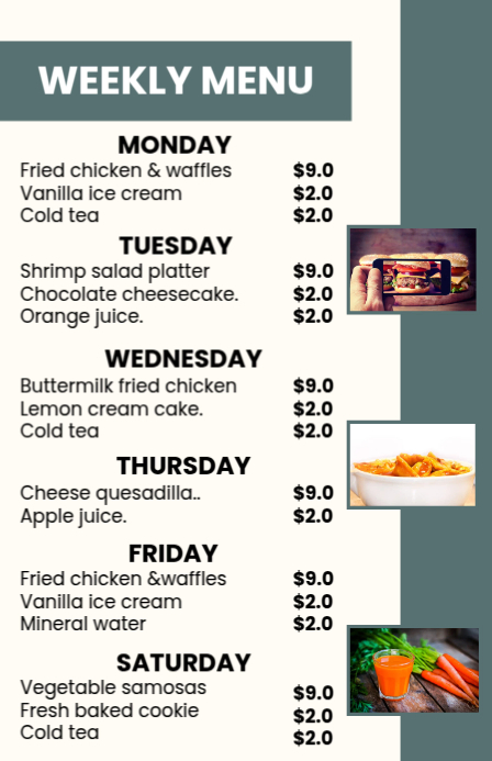 Plantilla de White List-based Restaurant Weekly Food Menu Half Page ...