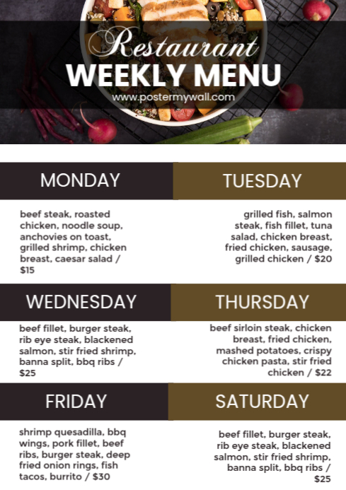 White List-based Restaurant Weekly Food Menu A4 Template | PosterMyWall