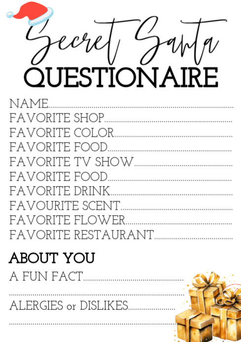 White List-based Secret Santa Questionaire Sheet A4 Templat | PosterMyWall